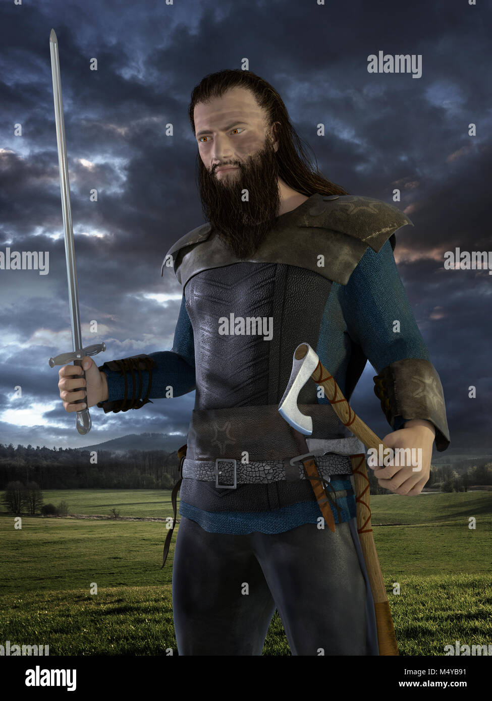 Viking warrior with axe and sword on meadow by sunset. 3D render ...