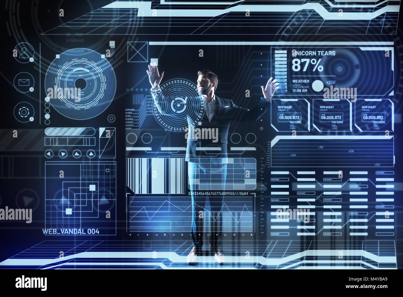 Enthusiastic programmer feeling glad while working with a giant device ...