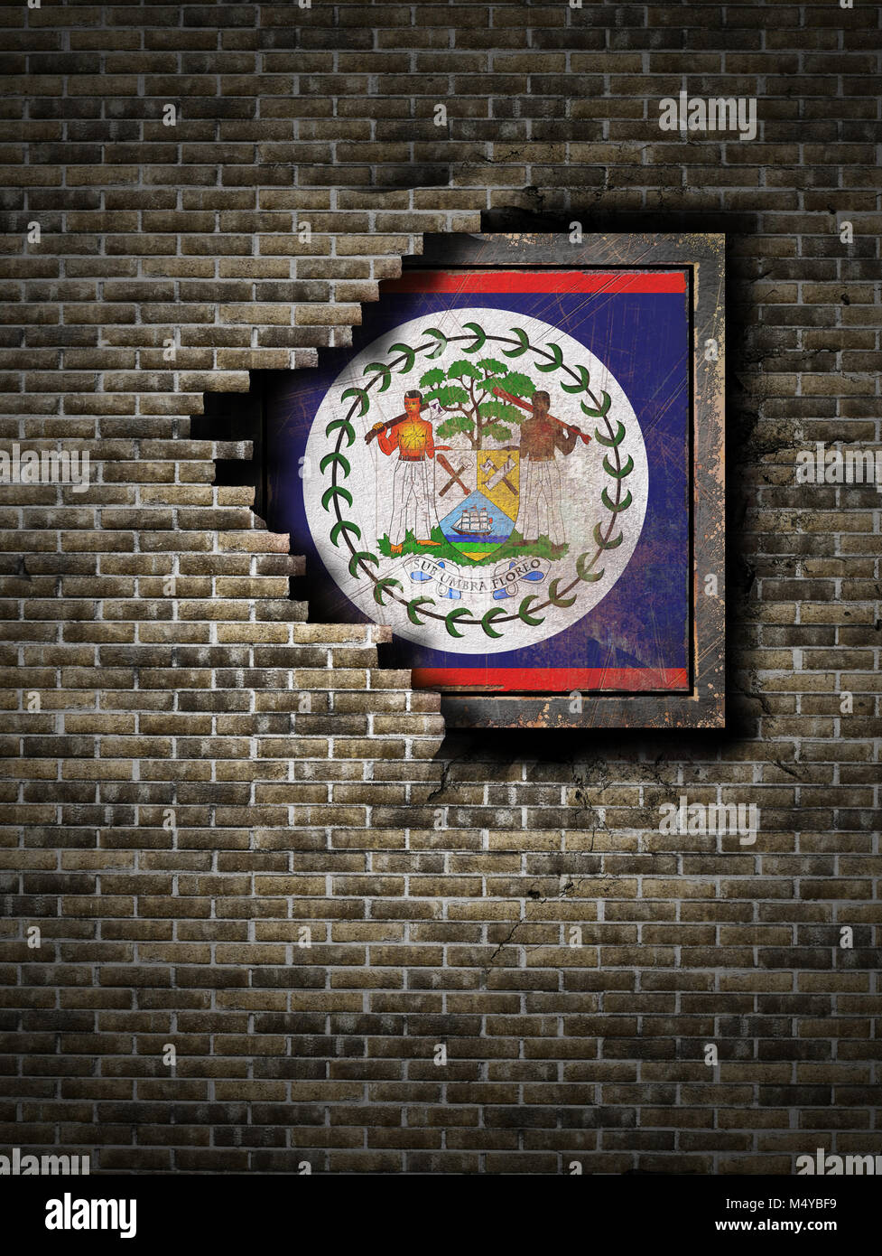 3d rendering of a Belize flag over a rusty metallic plate embebed on an ...