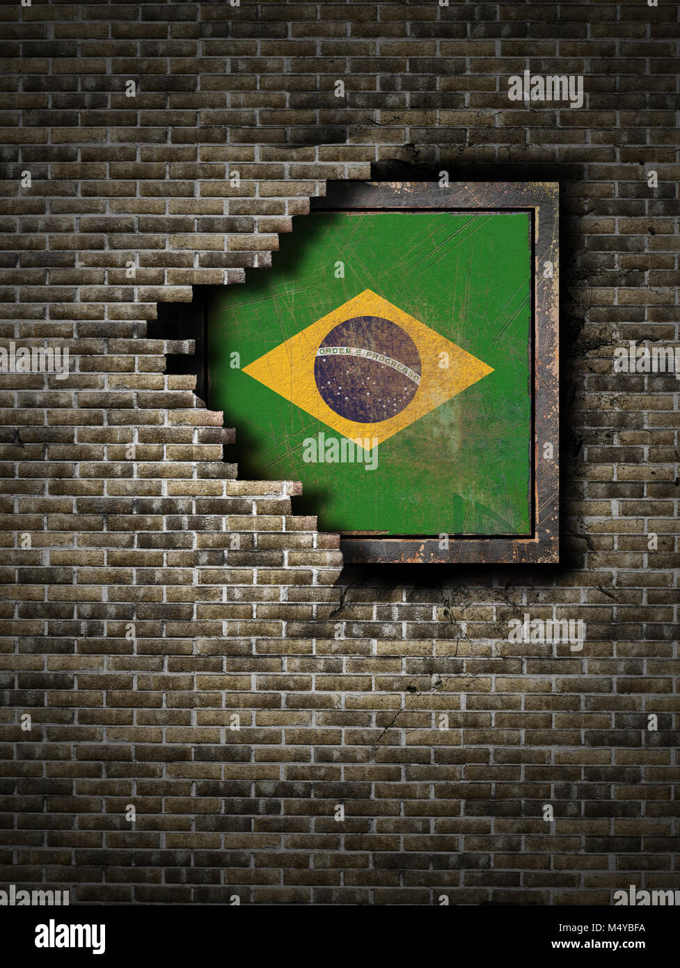3d rendering of a Brazil flag over a rusty metallic plate embebed on an ...