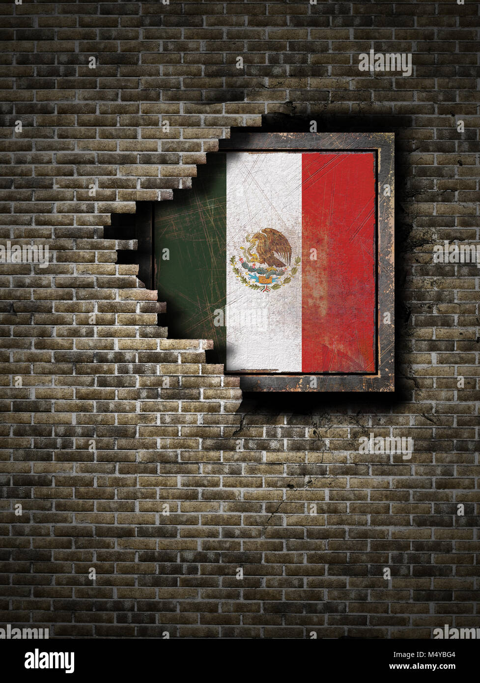 3d rendering of a Mexico flag over a rusty metallic plate embebed on an ...