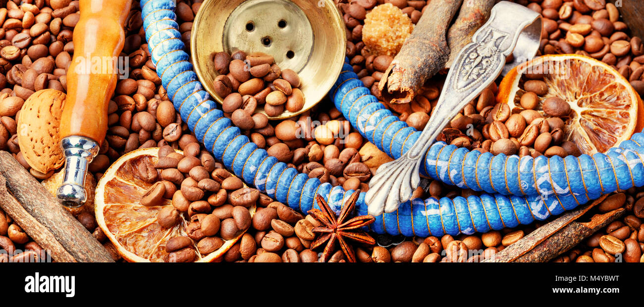 Shisha hookah with with coffee beans and coffee spices.Shisha concept ...