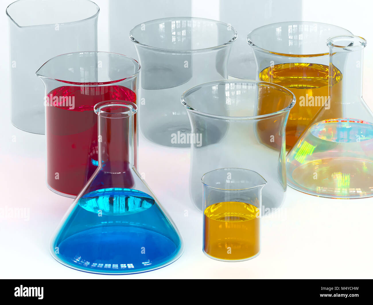 Chemical glass vessels filled with liquids of different colors. 3D ...