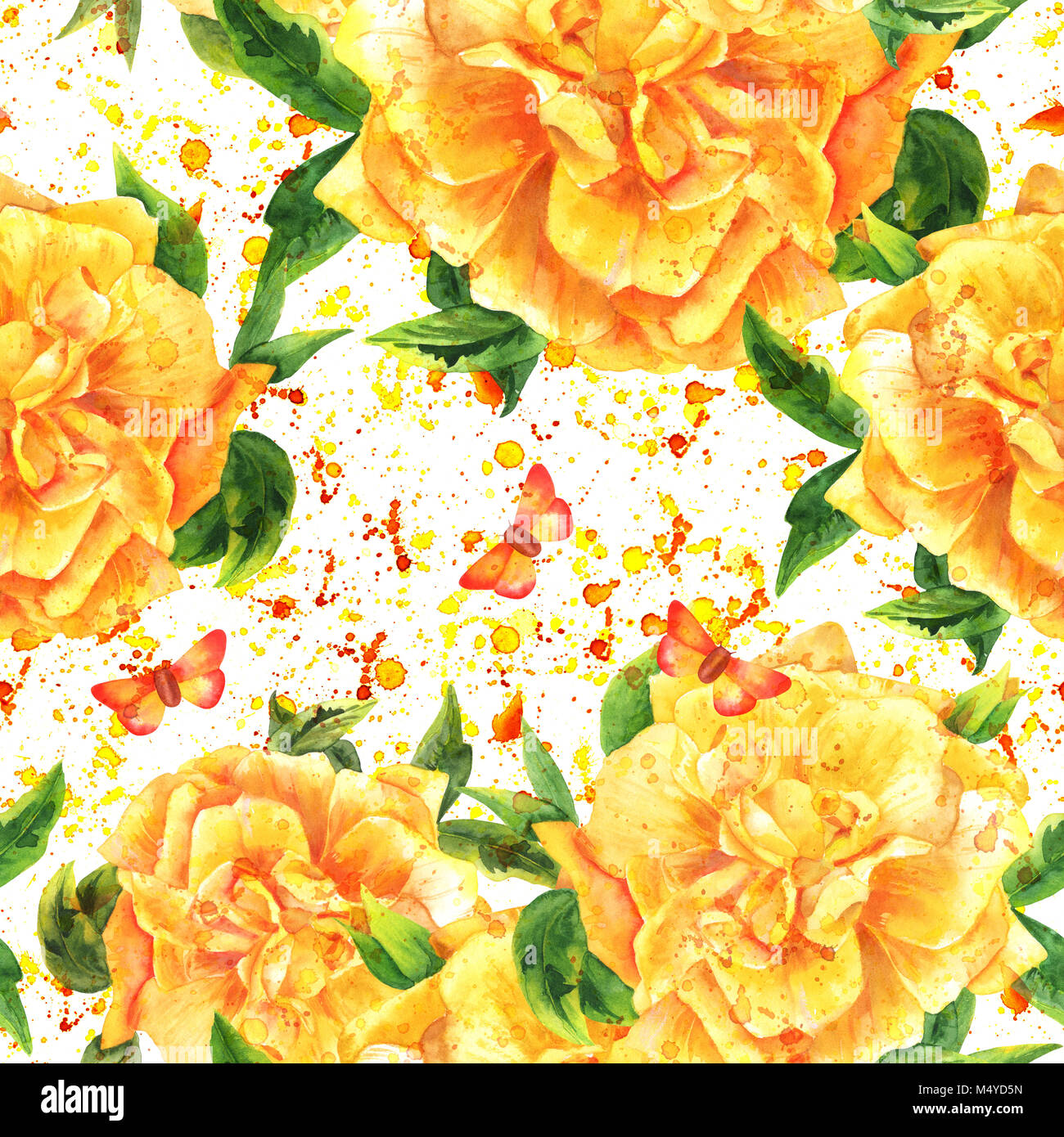 Seamless watercolor yellow rose bud pattern on white with a butterfly ...