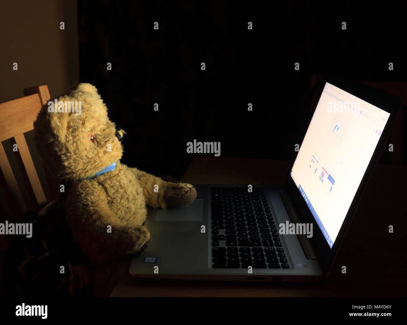 An old much loved teddy bear appearing to use a laptop Stock Photo - Alamy