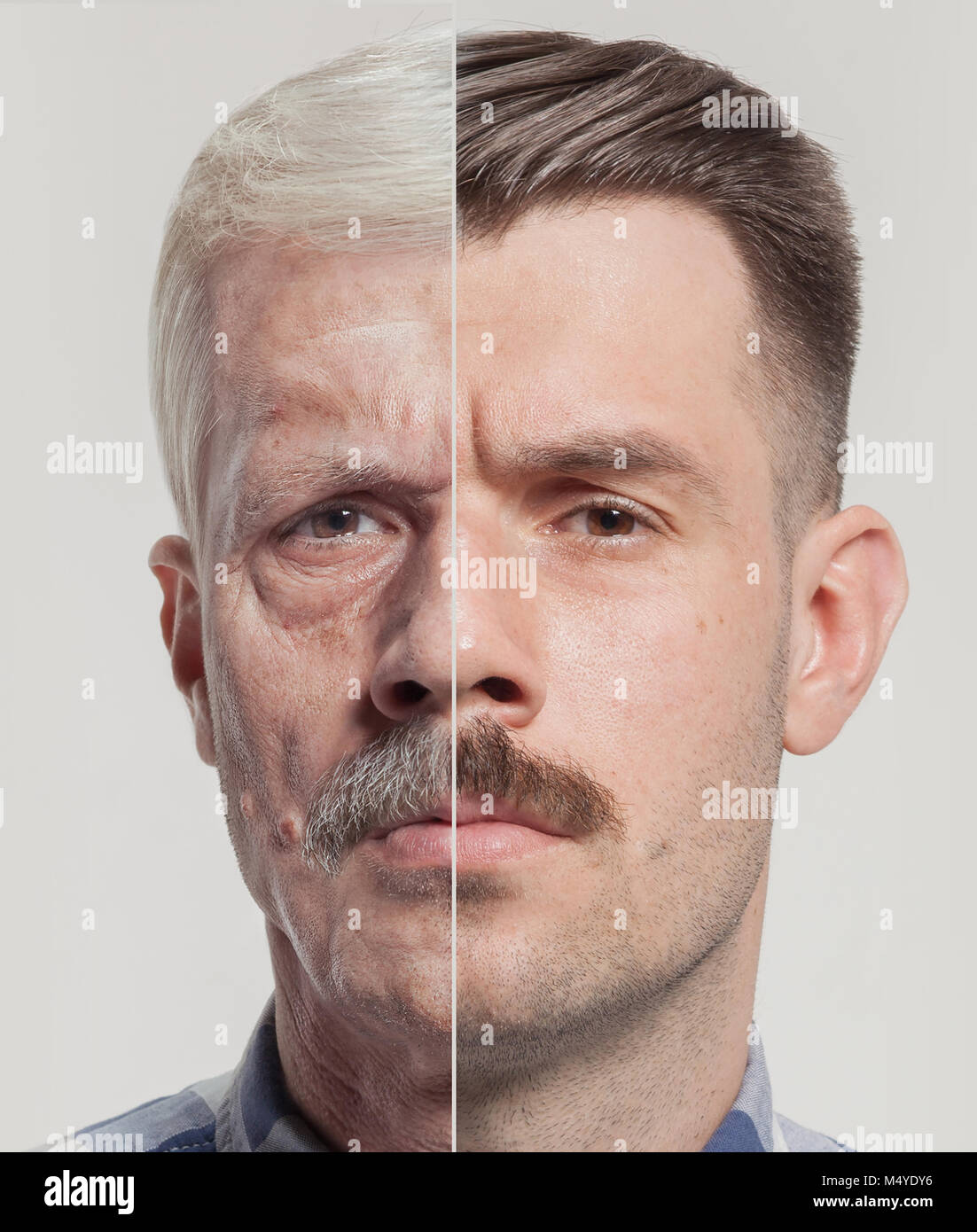 Collage of two portraits of the same old man and young man. Face ...