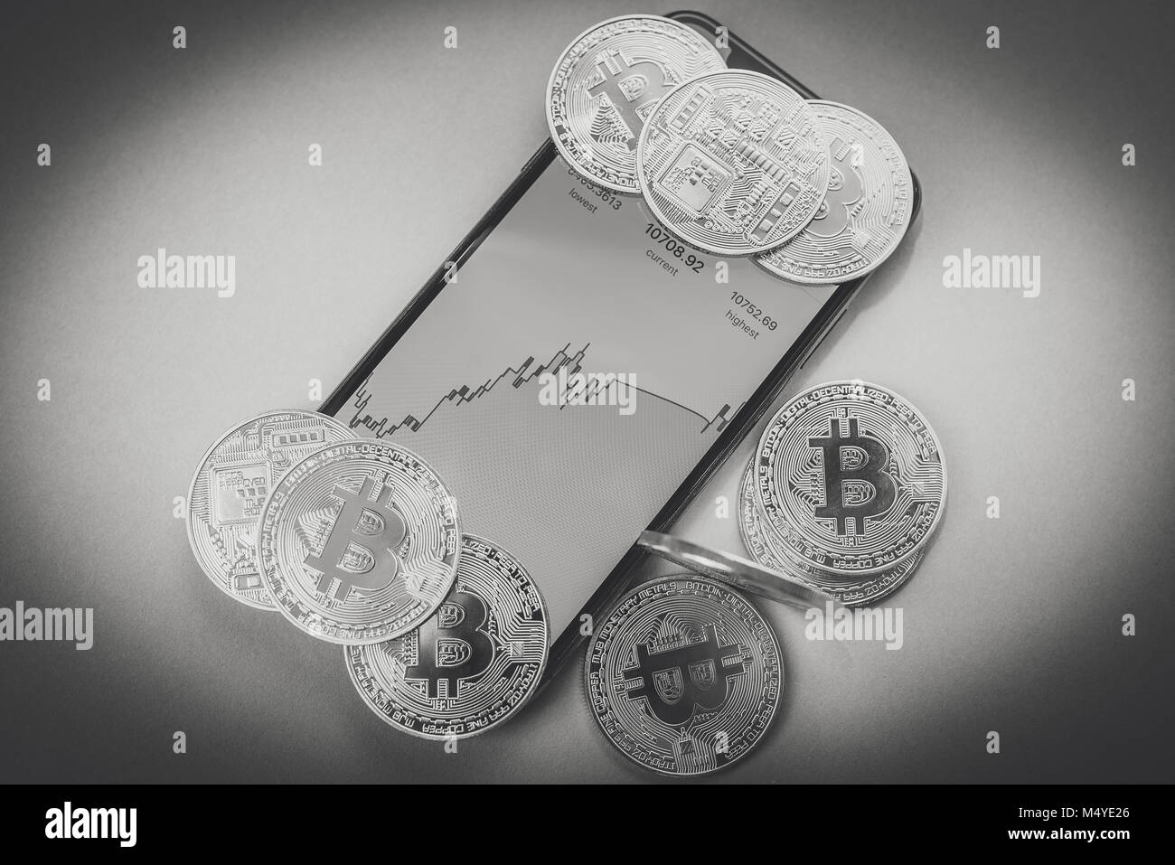 Bitcoin (BTC). Crypto currency. Macro shot of golden coins placed on ...