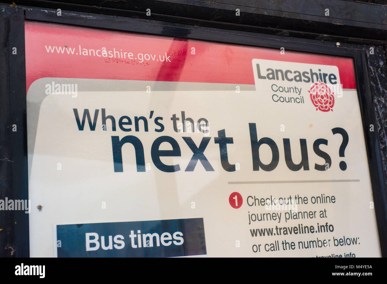 "When's the next bus?" sign in a bus shelter in a village, Chipping ...