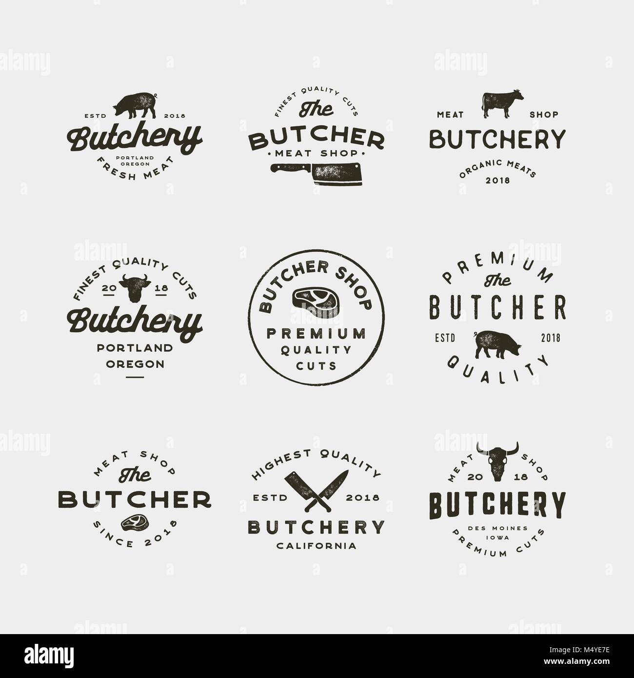 set of vintage butchery logos. retro styled meat shop emblems. vector ...