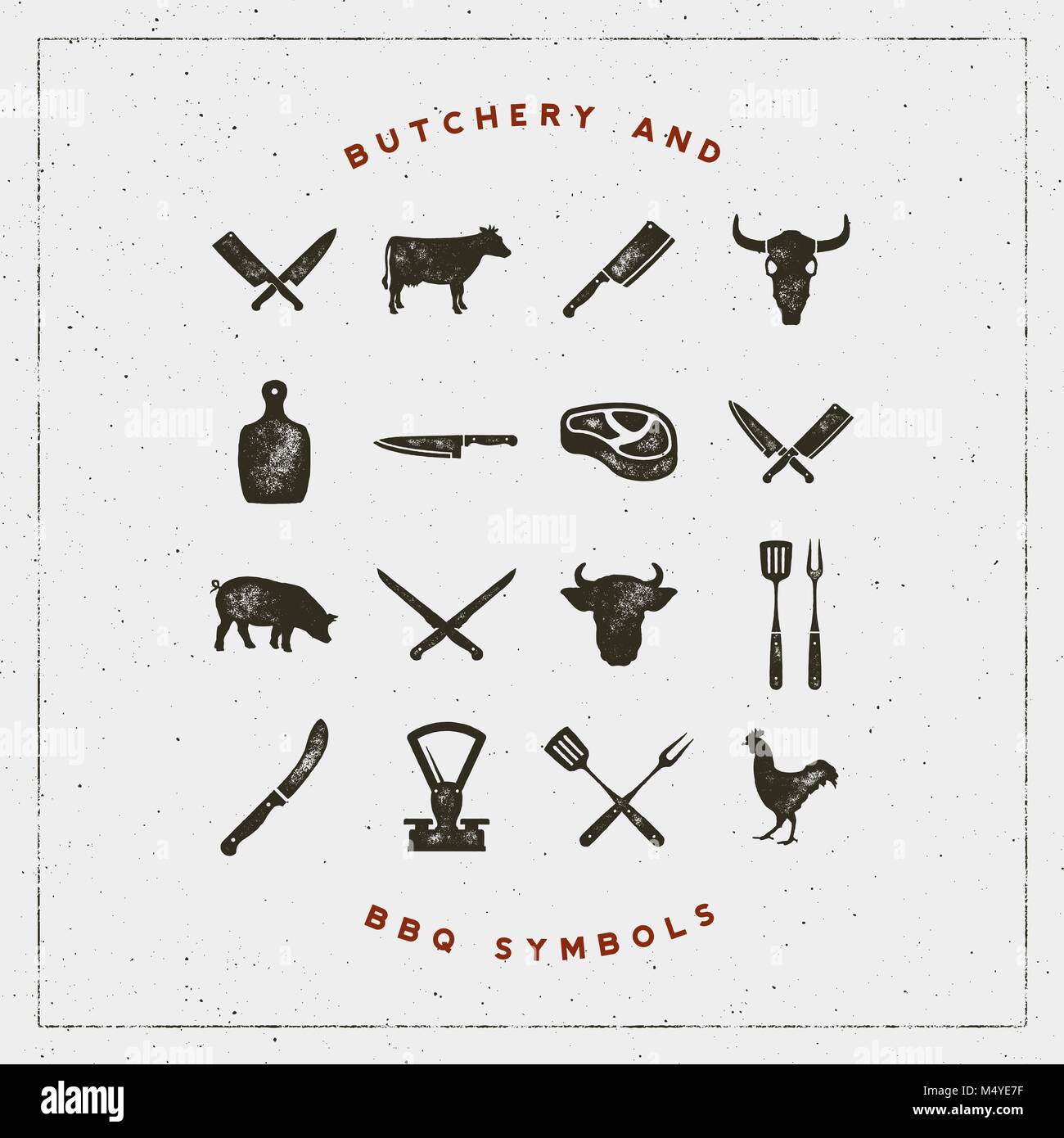 set of butchery and barbecue symbols with letterpress effect. vector ...