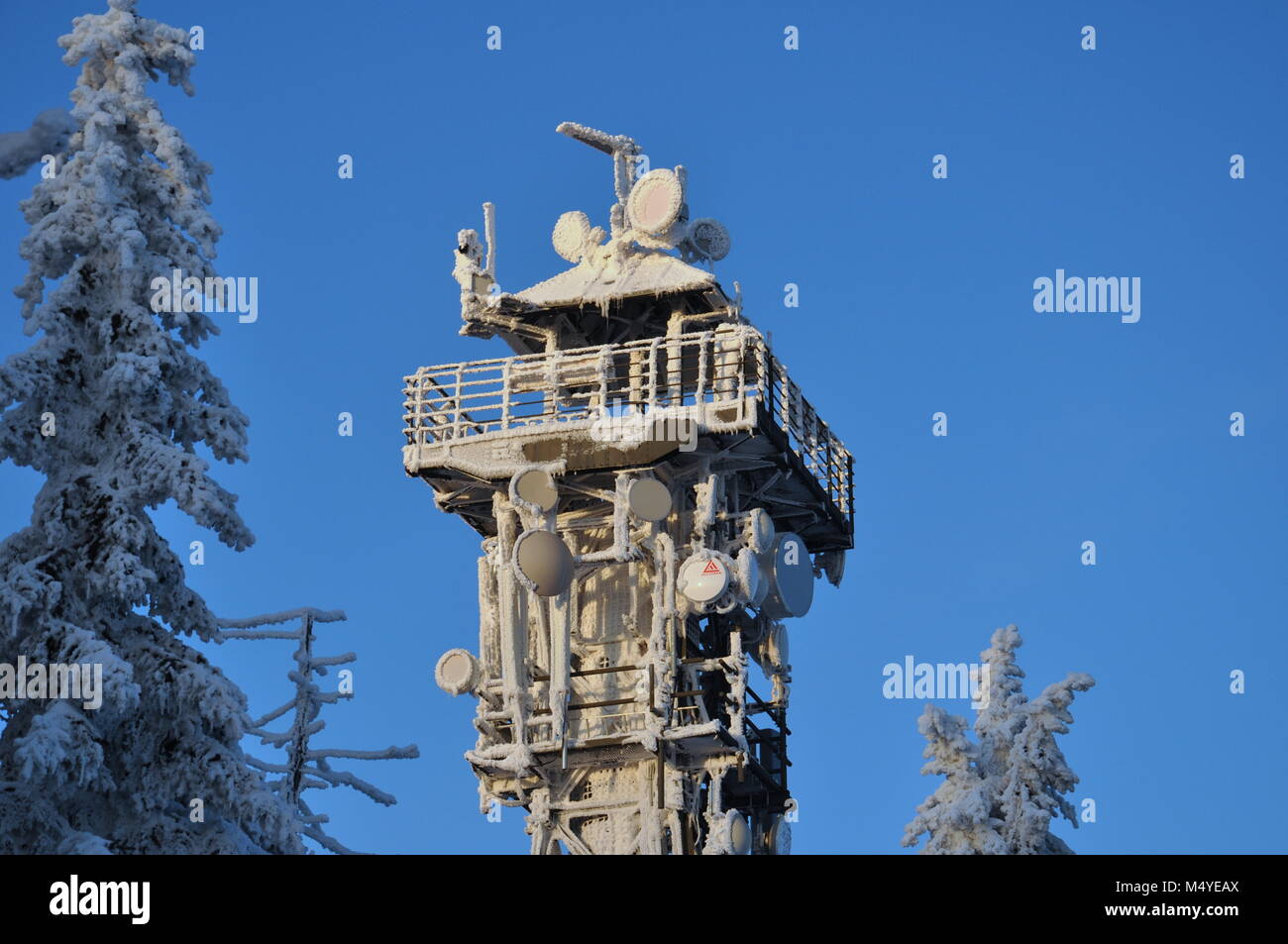 Antennas with frost on tower,winter,tower,mast Stock Photo - Alamy