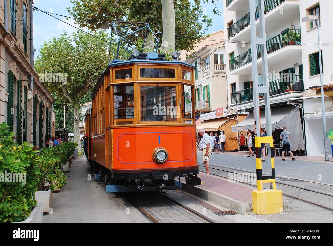The vintage tram line at Port de Soller station on the Spanish island ...