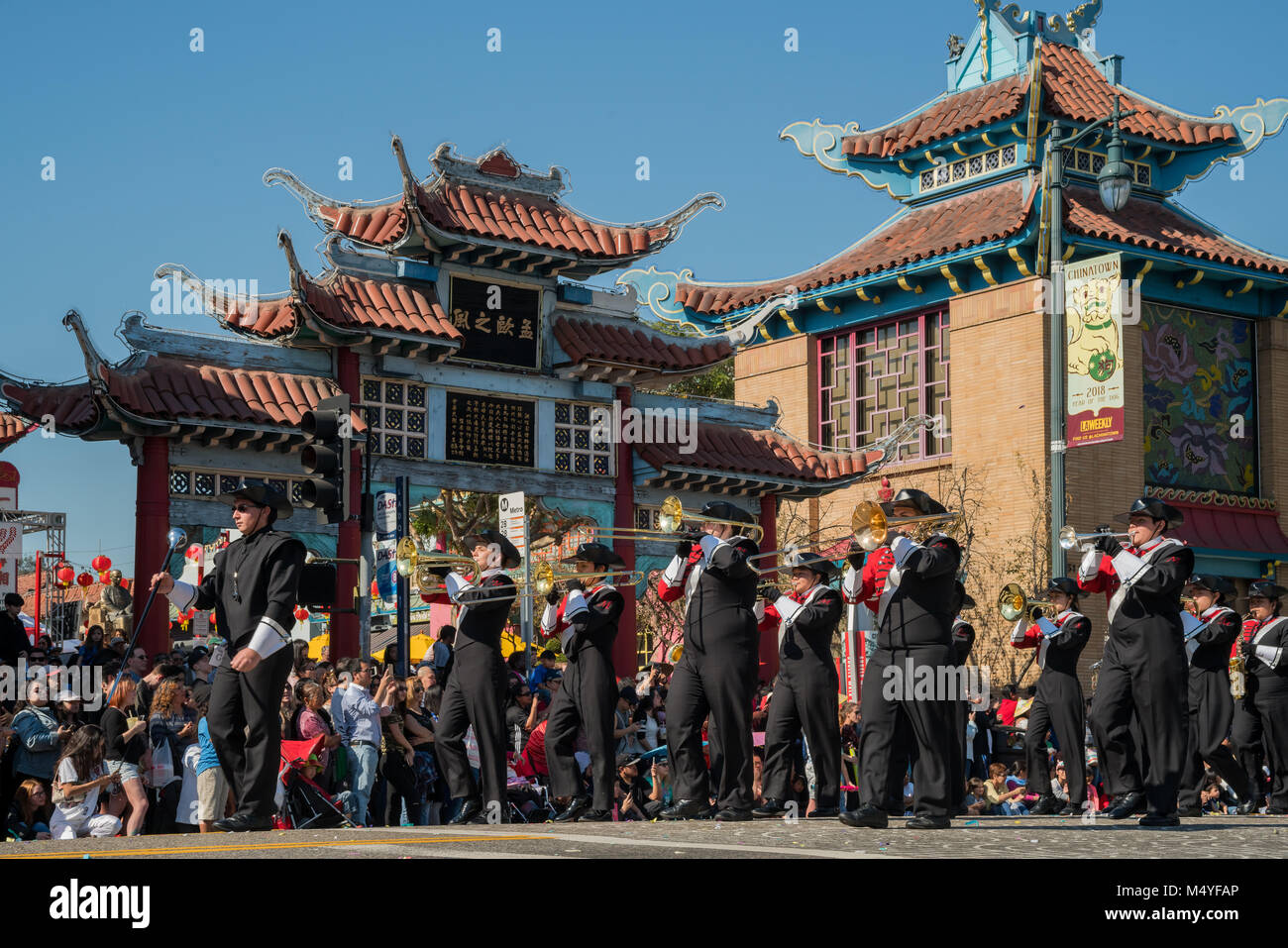 Los Angeles, FEB 17: Marching band at Goldern Dragon Parade on FEB 17 ...