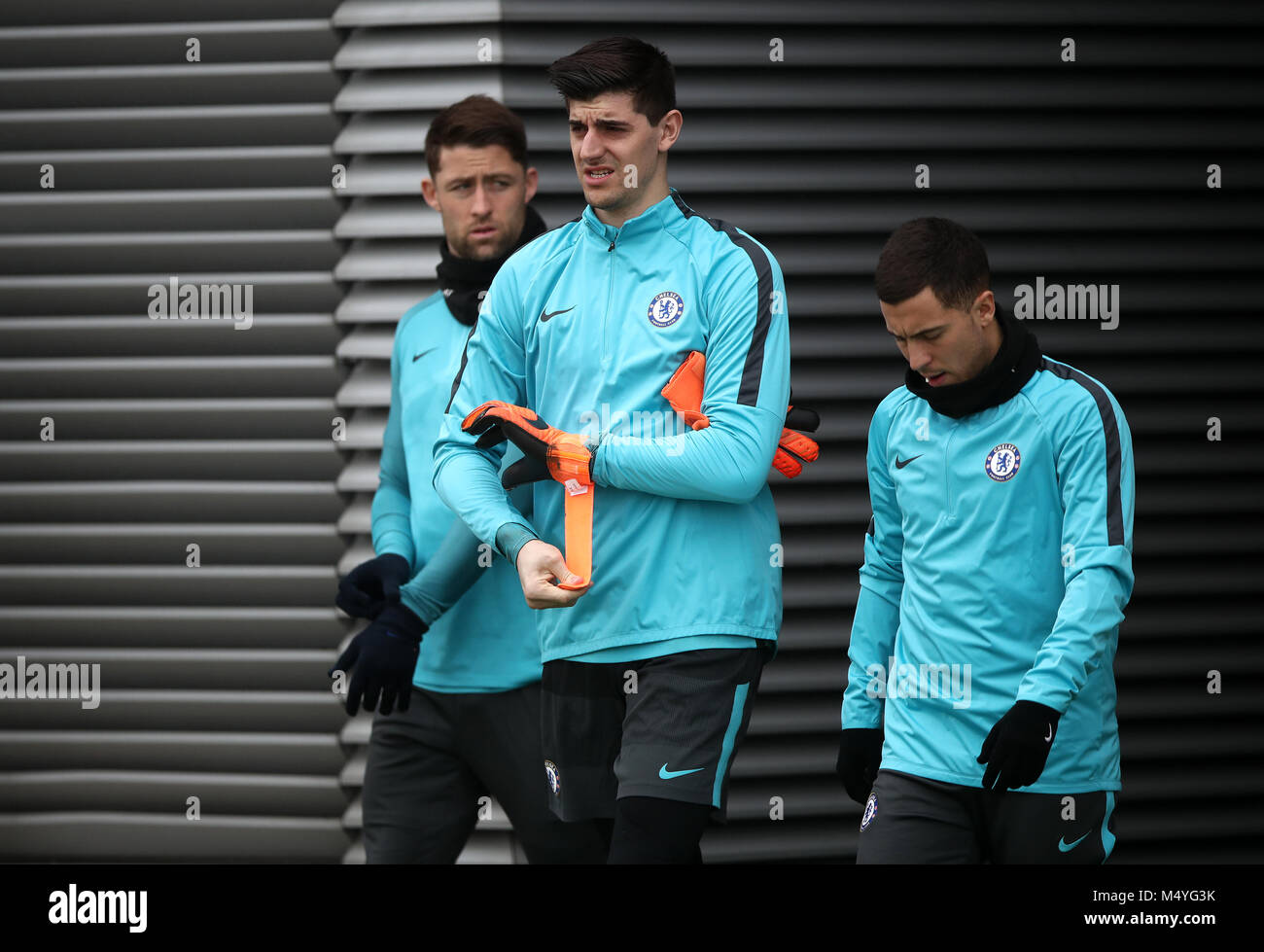 Chelsea goalkeeper Thibaut Courtois (centre) during the training ...