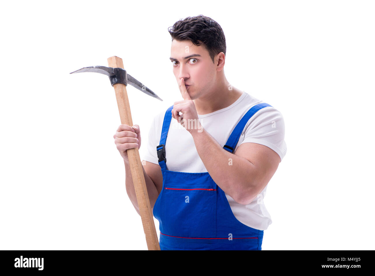 Man with a digging axe hoe on white background isolated Stock Photo - Alamy