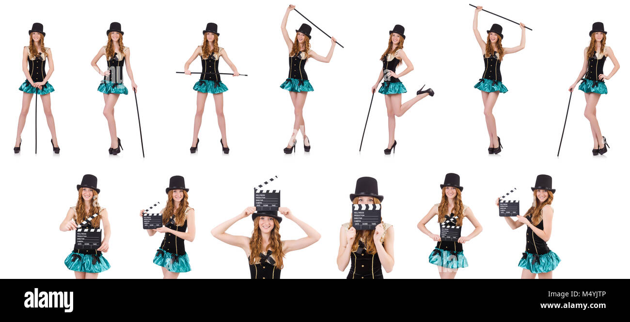 Dancing woman magician with walking stick isolated on white Stock Photo ...