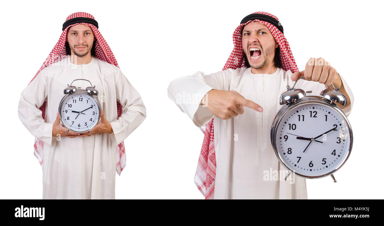 Arab man in time concept on white Stock Photo - Alamy