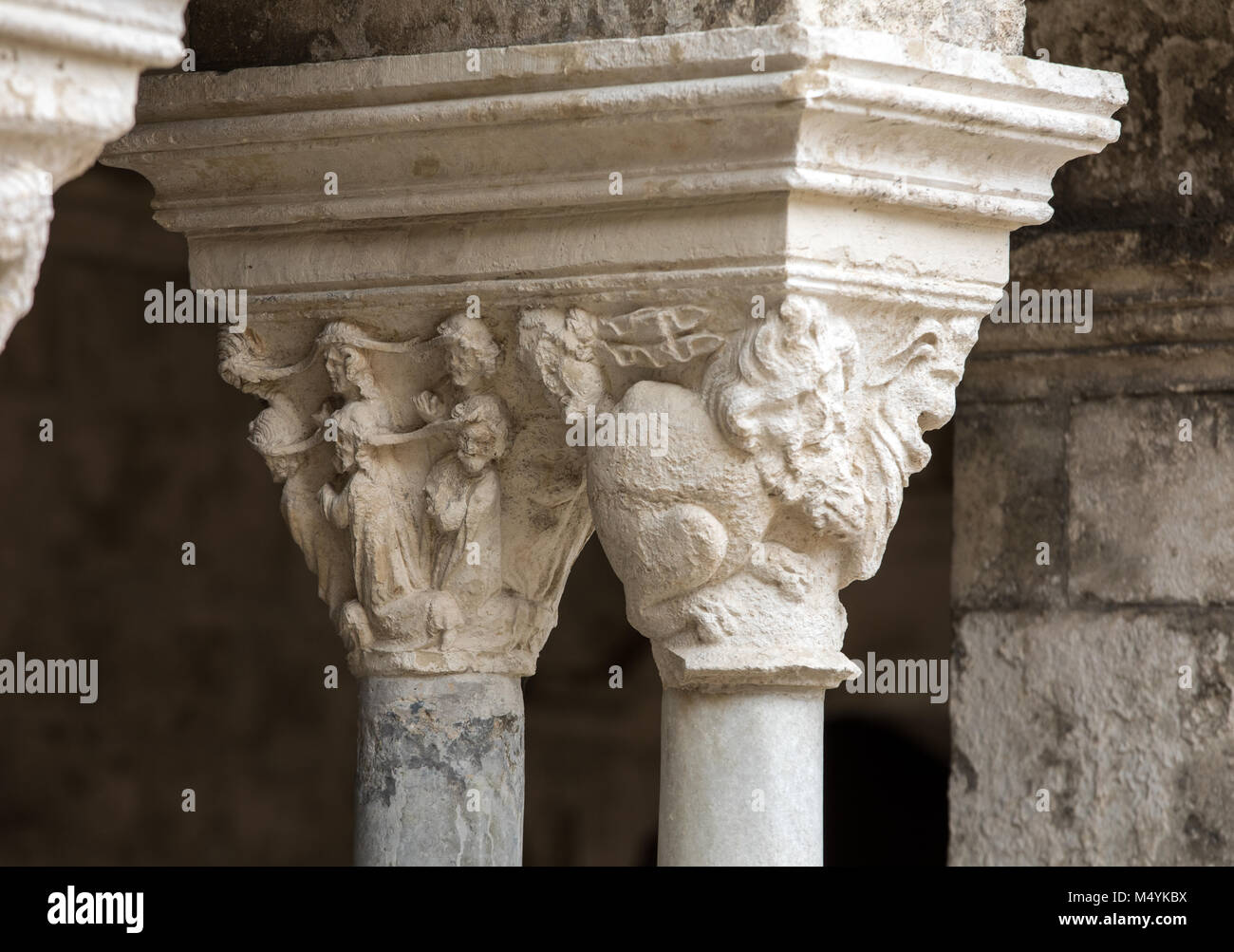 Romanesque capitals of the columns in the cloisters of the Abbey of ...