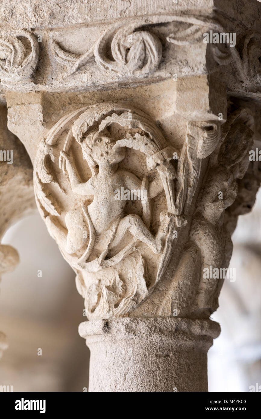 Romanesque capitals of the columns in the cloisters of the Abbey of ...
