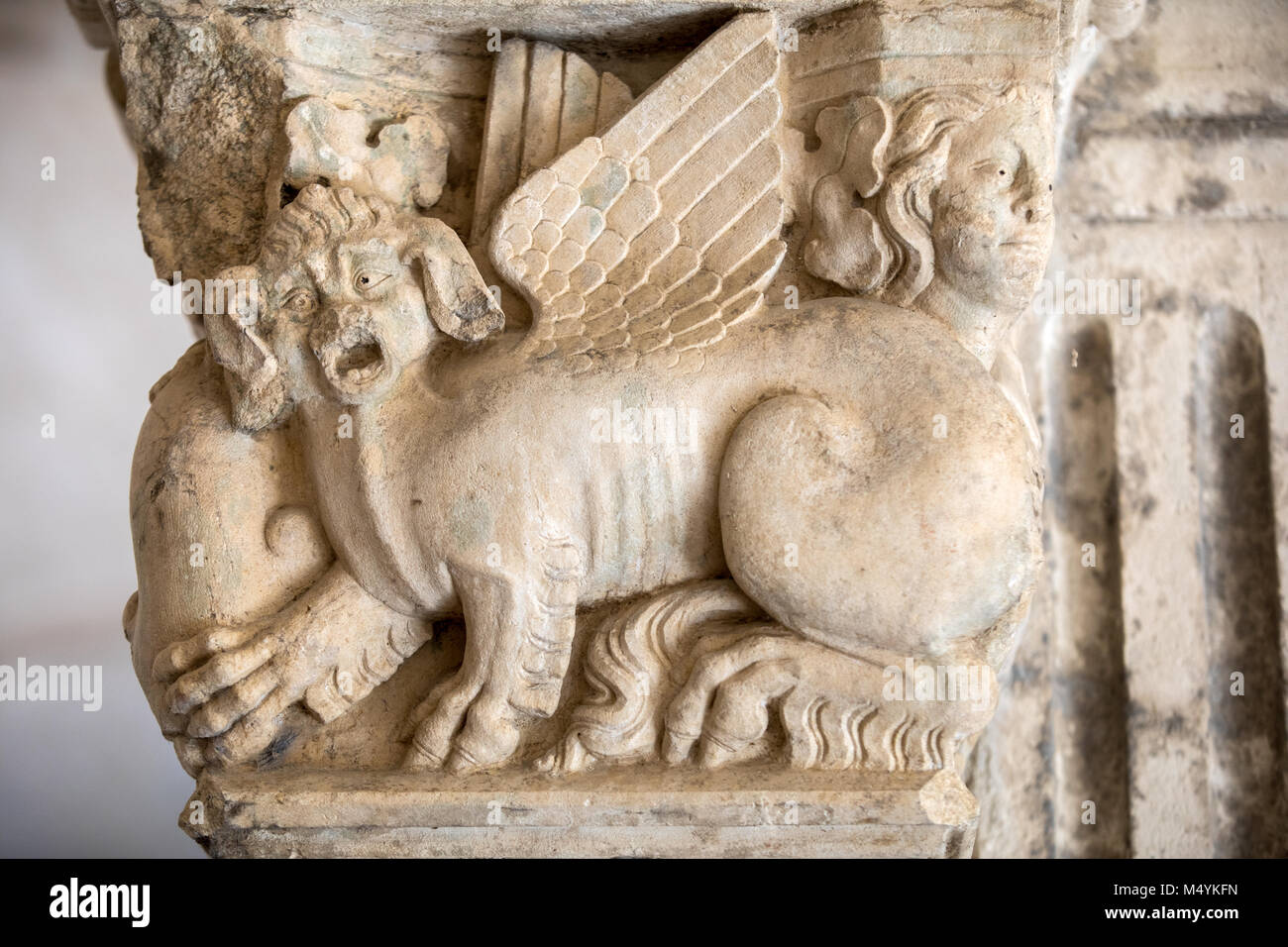 Romanesque capitals of the columns in the cloisters of the Abbey of ...