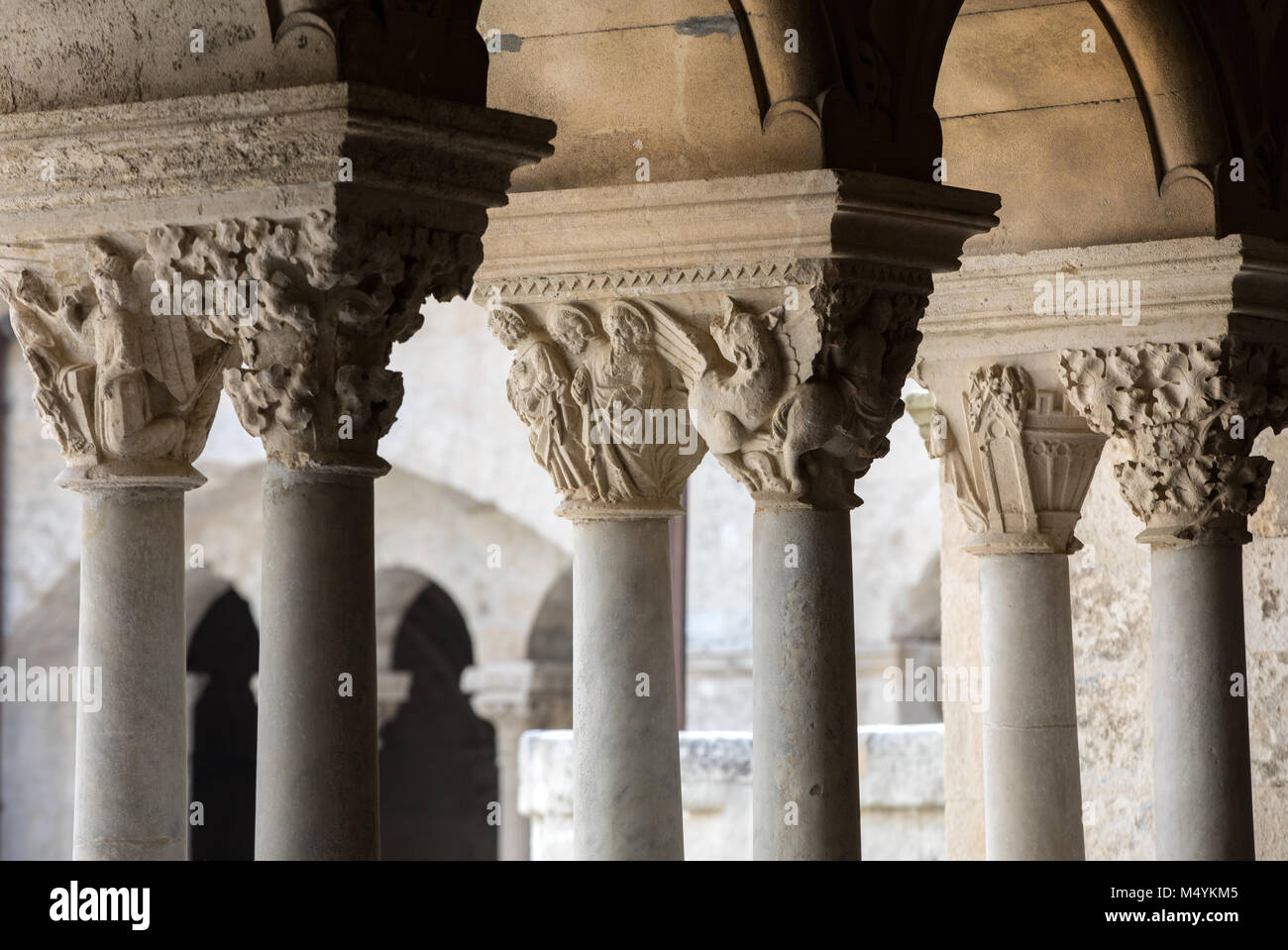 Romanesque capitals of the columns in the cloisters of the Abbey of ...