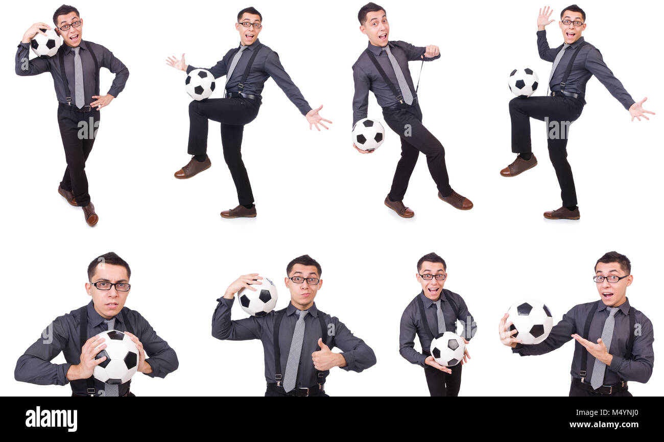 Funny man with football isolated on white Stock Photo - Alamy
