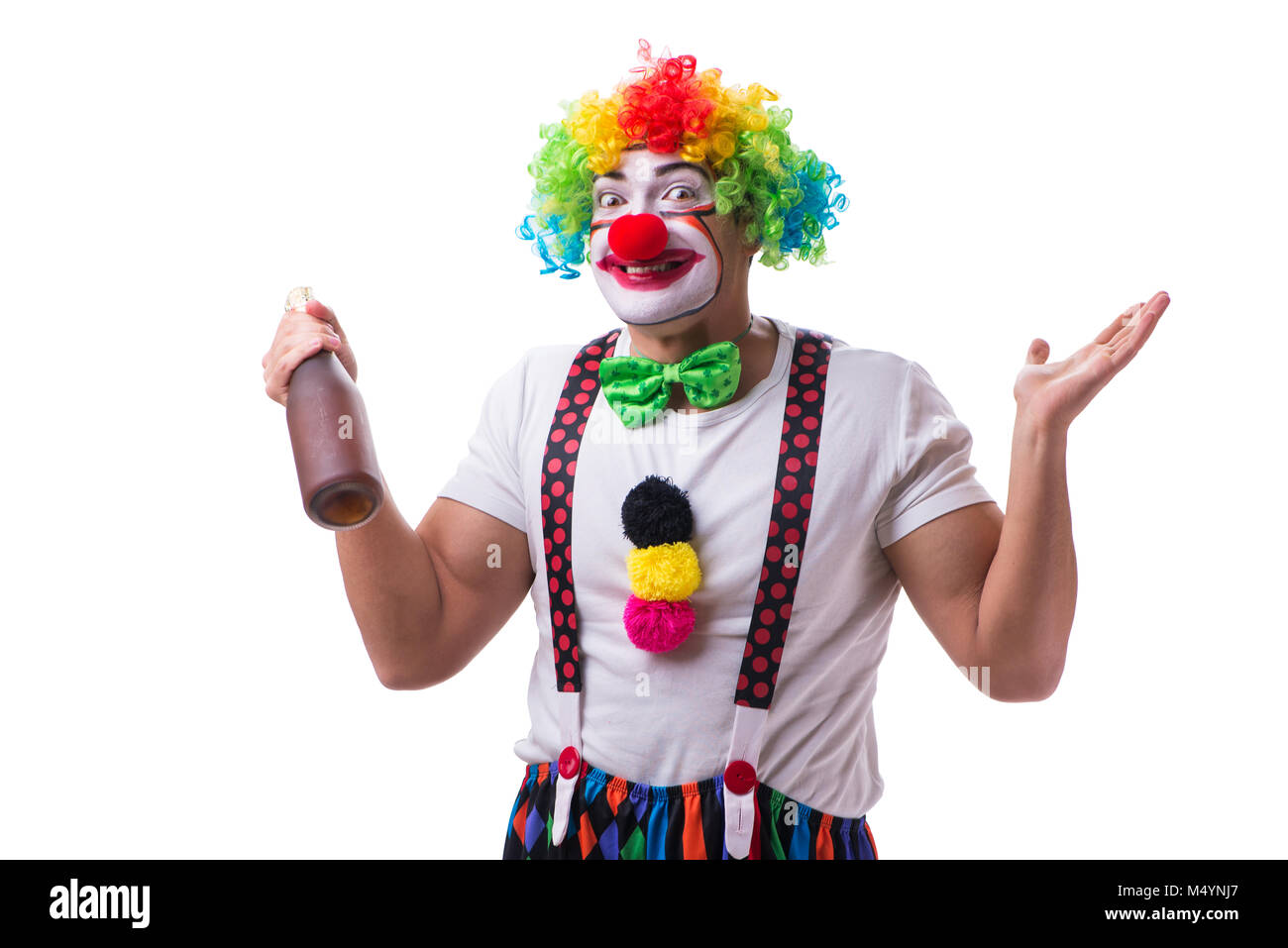 Funny clown with a bottle isolated on white background Stock Photo - Alamy