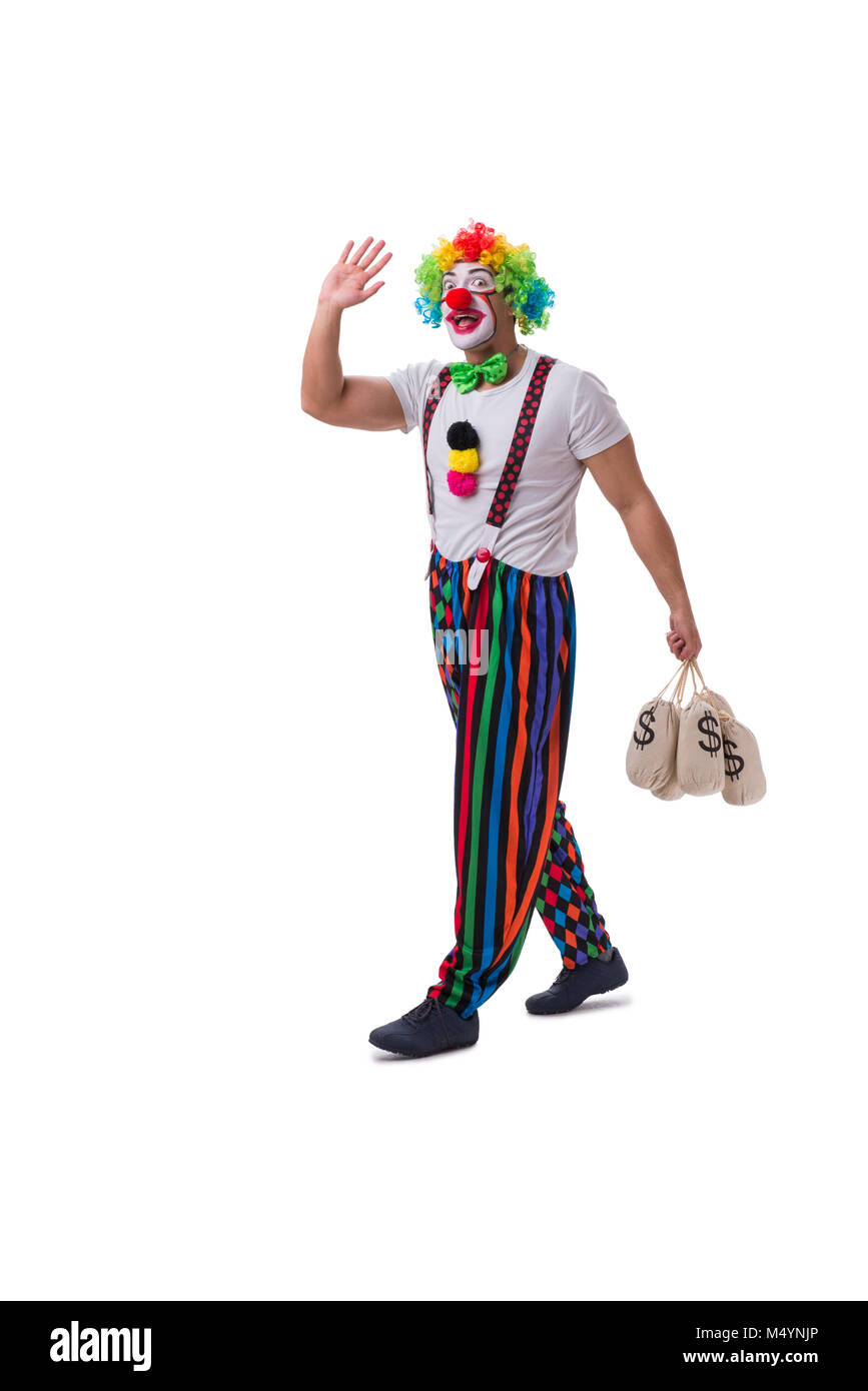 Funny clown with money bags sacks isolated on white background Stock ...