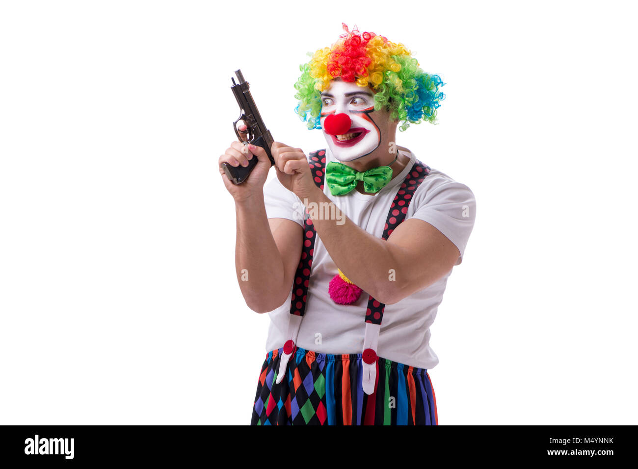 Funny clown with a gun pistol isolated on white background Stock Photo ...