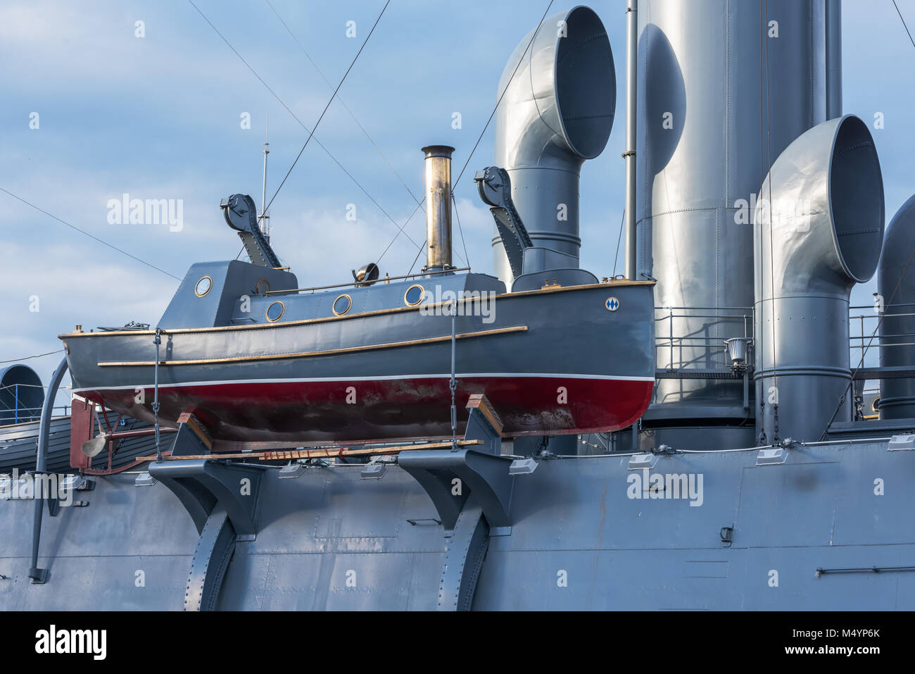 Boat with steam engine aboard the old military cruiser Stock Photo - Alamy