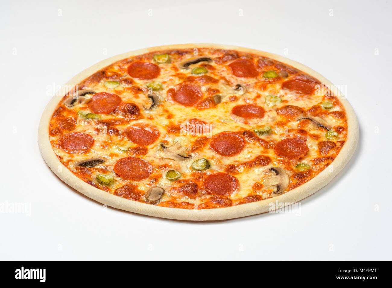 Pepperoni pizza with sausage, mushrooms and mozzarella on a white ...