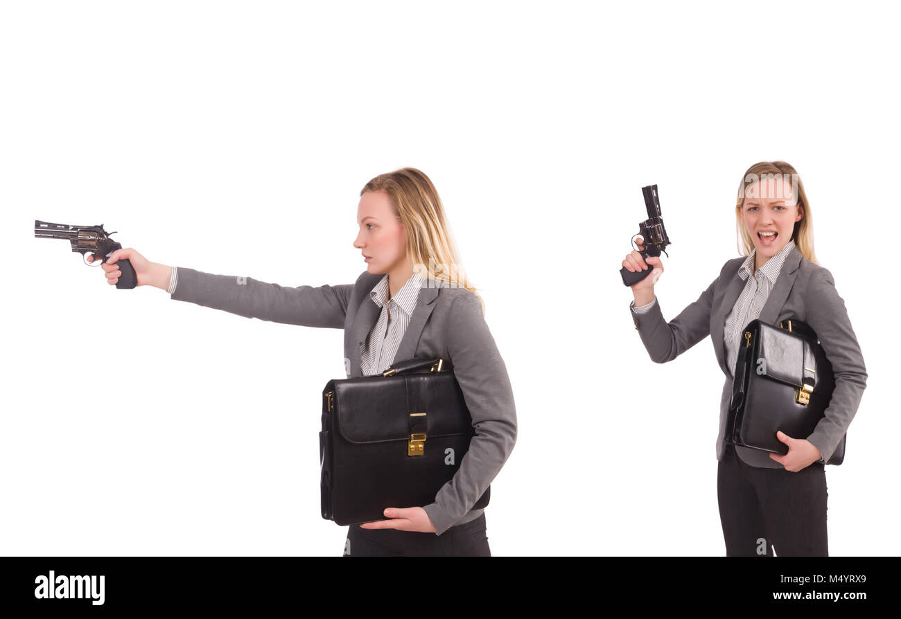 Businesswoman with gun isolated on white Stock Photo - Alamy