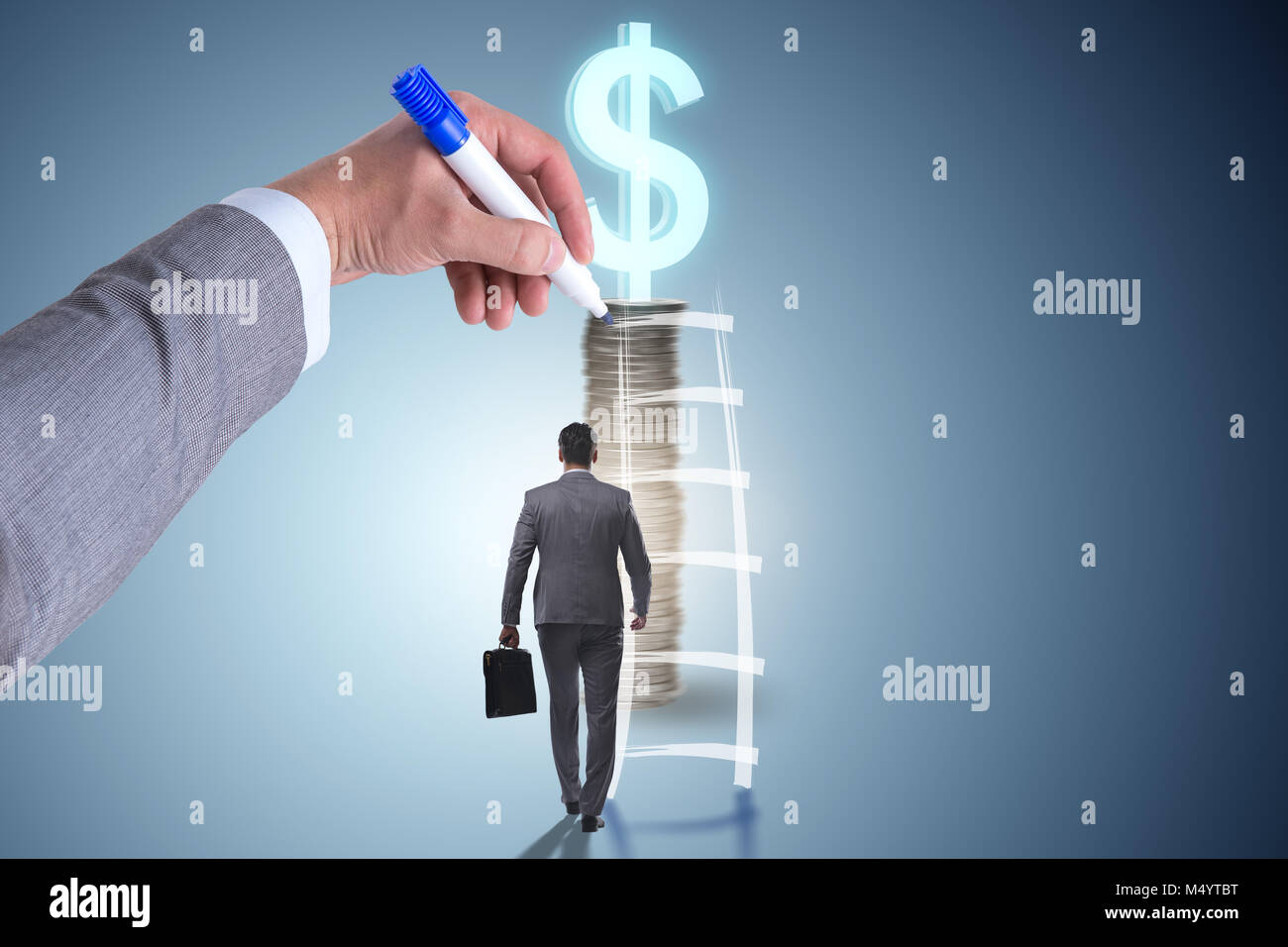 Businessman in front of money ladder Stock Photo - Alamy