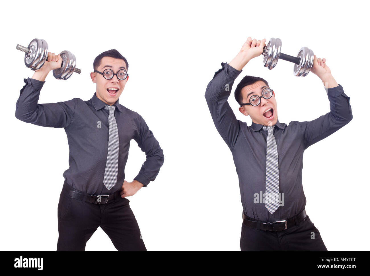 Funny businessman with dumbbells isolated on white Stock Photo - Alamy