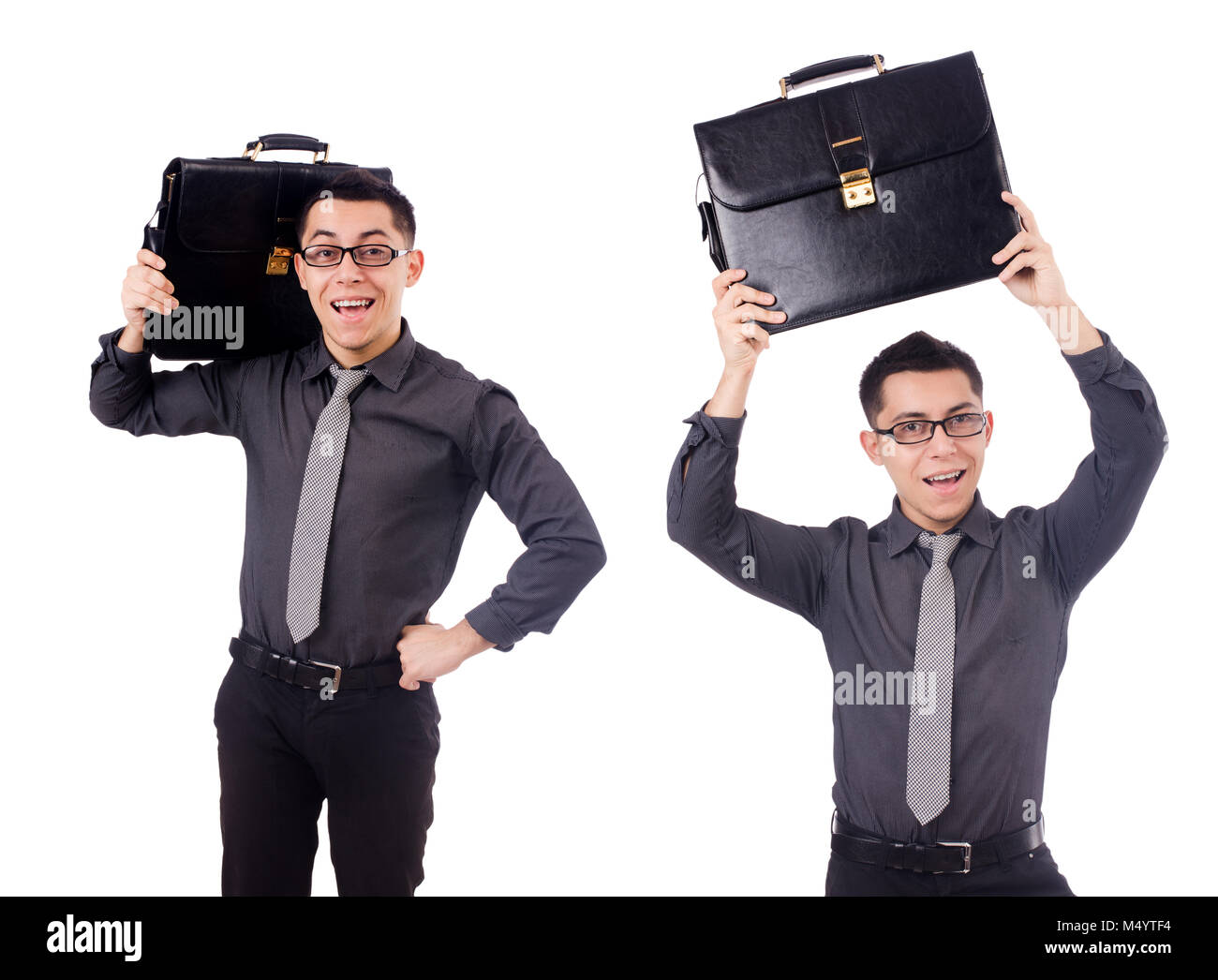Young man holding briefcase isolated on white Stock Photo - Alamy