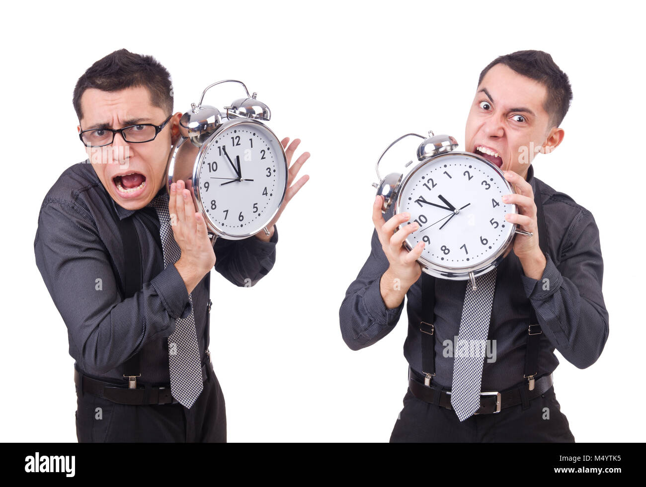Funny businessman with clock isolated on white Stock Photo - Alamy