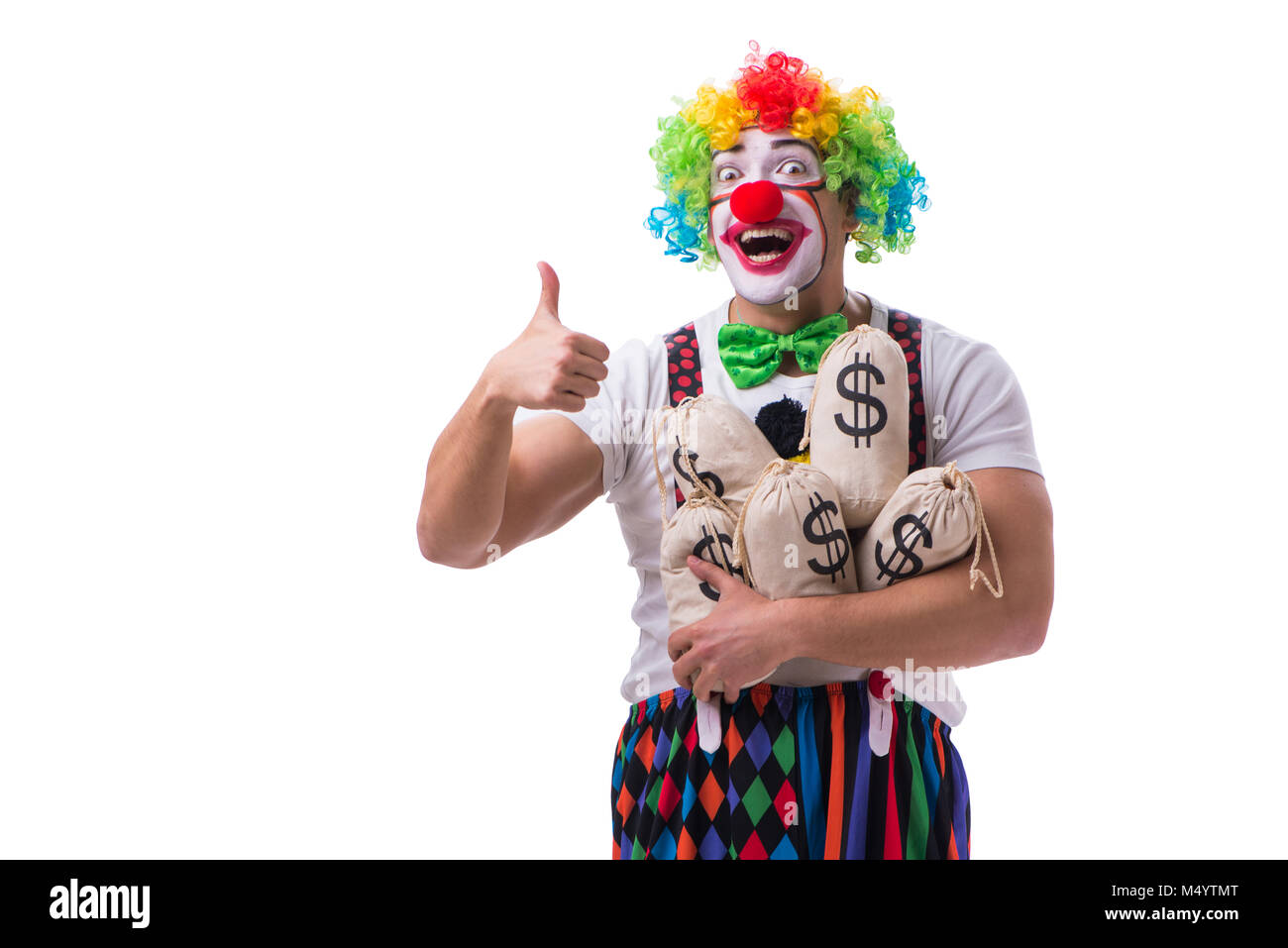 Funny clown with money sacks bags isolated on white background Stock ...