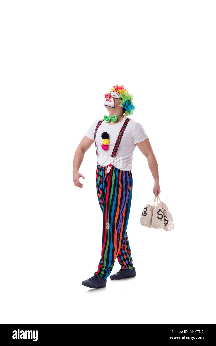 Funny clown with money bags sacks isolated on white background Stock ...