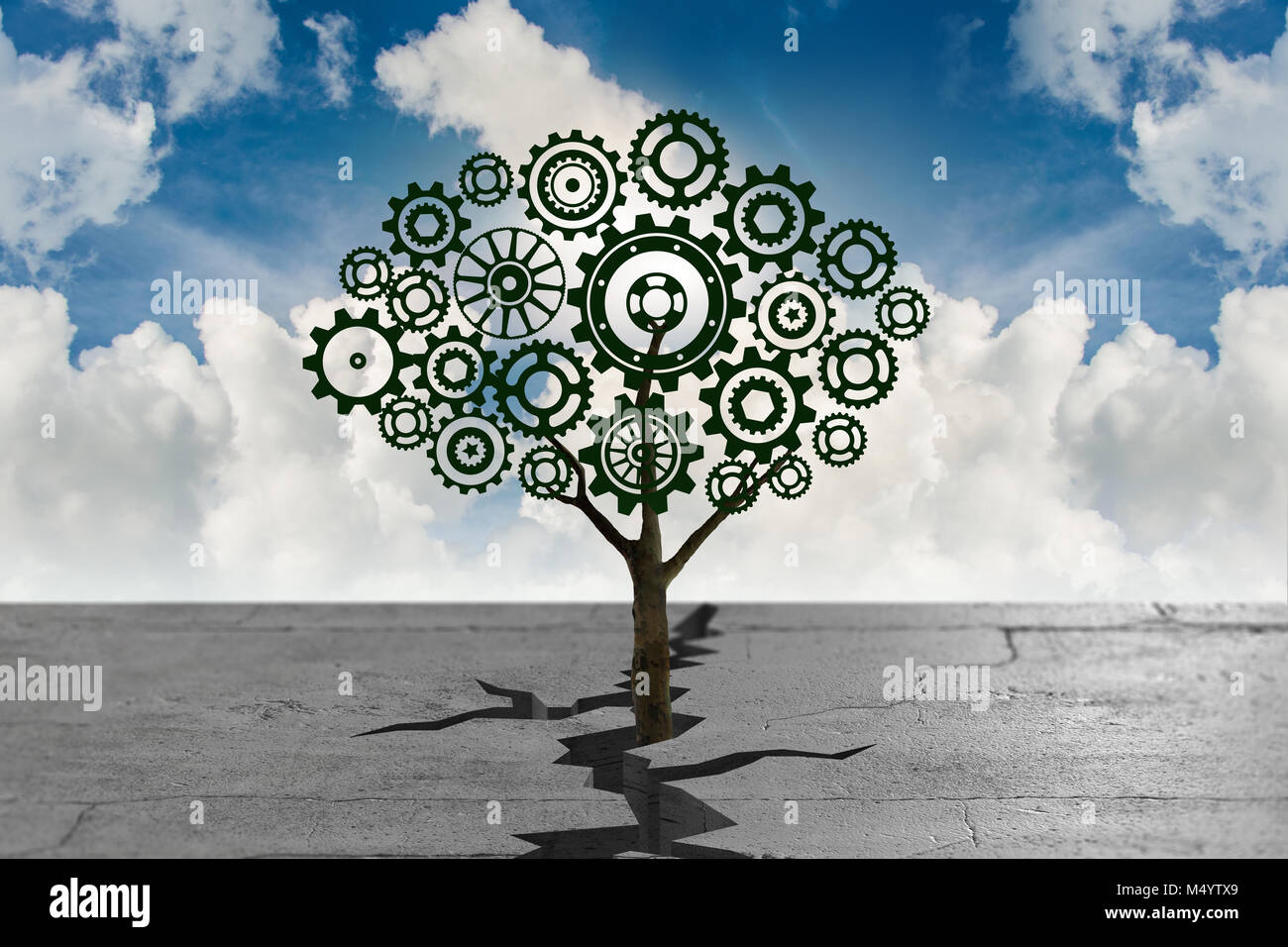 Cogwheel tree growing through soil crack - 3d rendering Stock Photo - Alamy