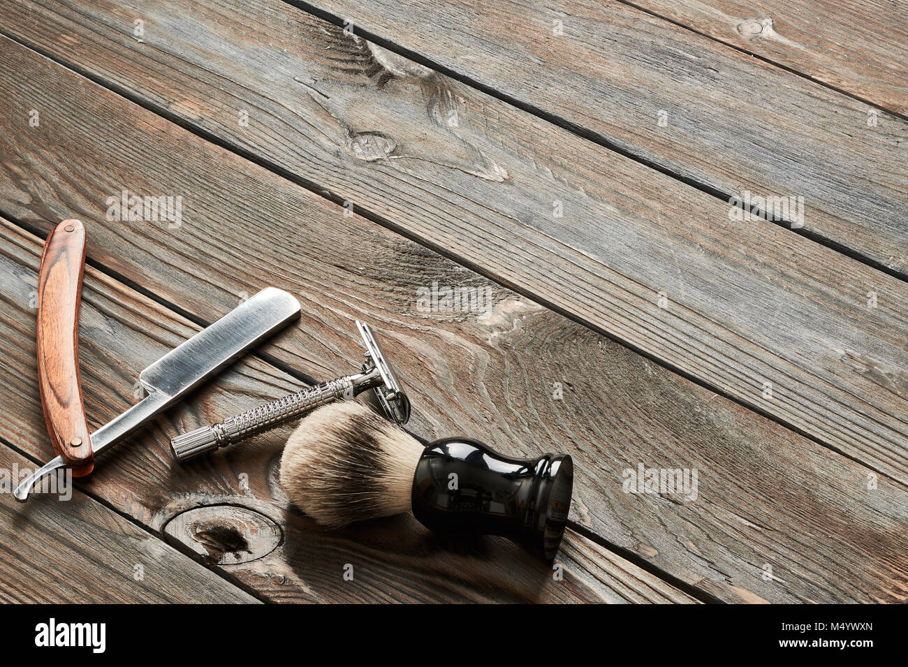 Vintage barber shop tools on wooden background Stock Photo - Alamy