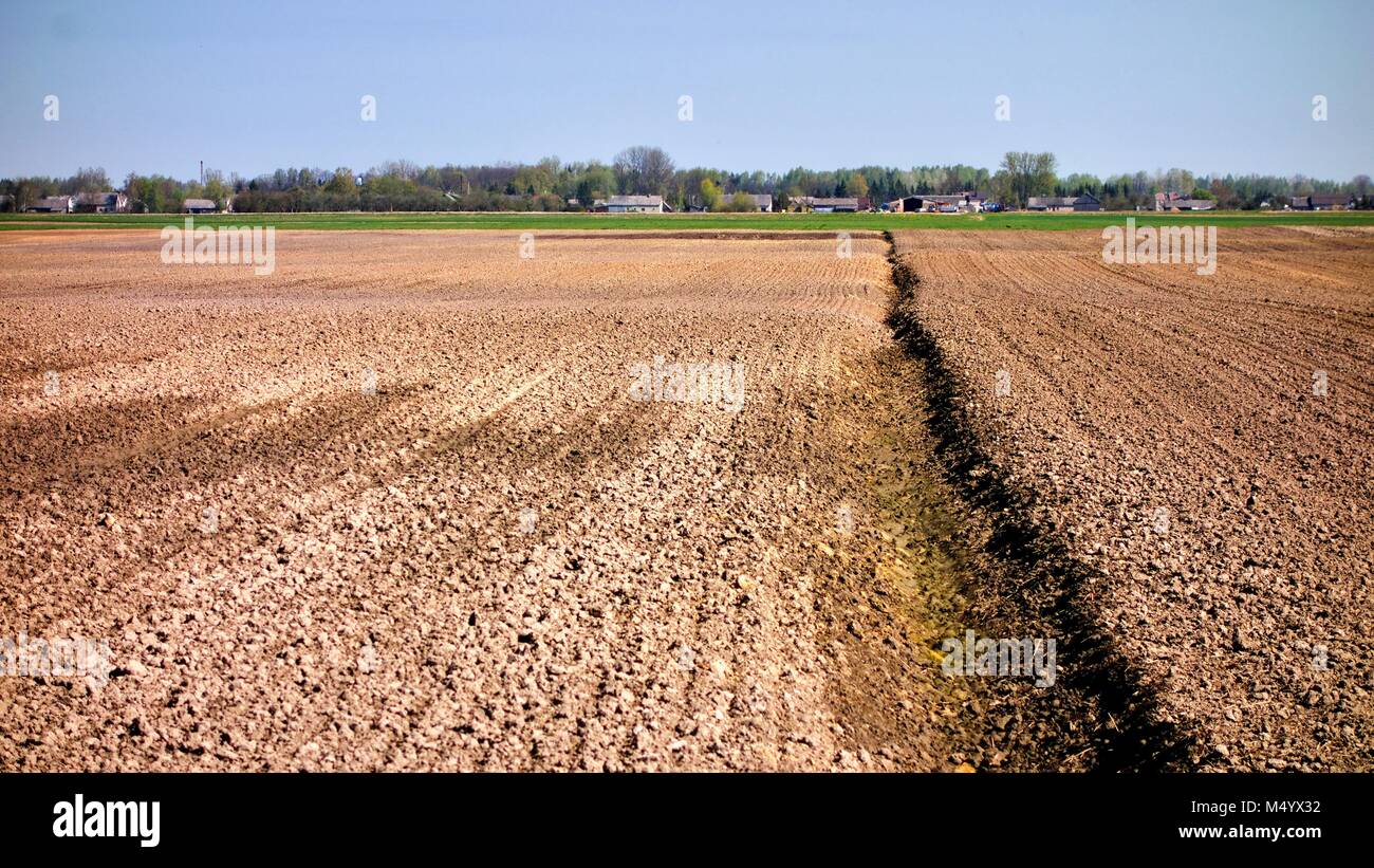 arable land from low angle and village in the background Stock Photo ...