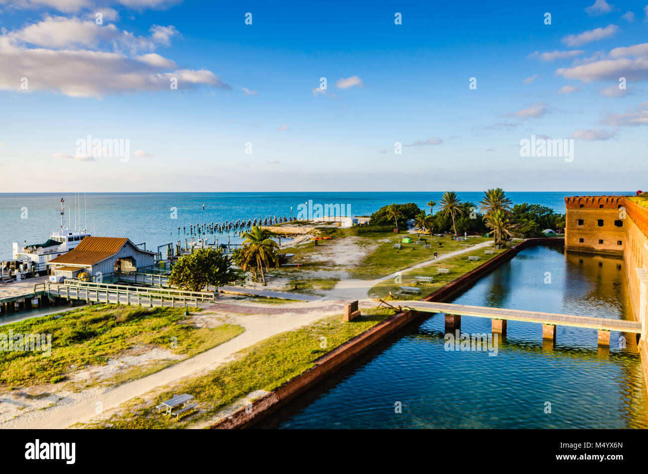 Aerial view of pier and campground from roof of Fort Jefferson on ...