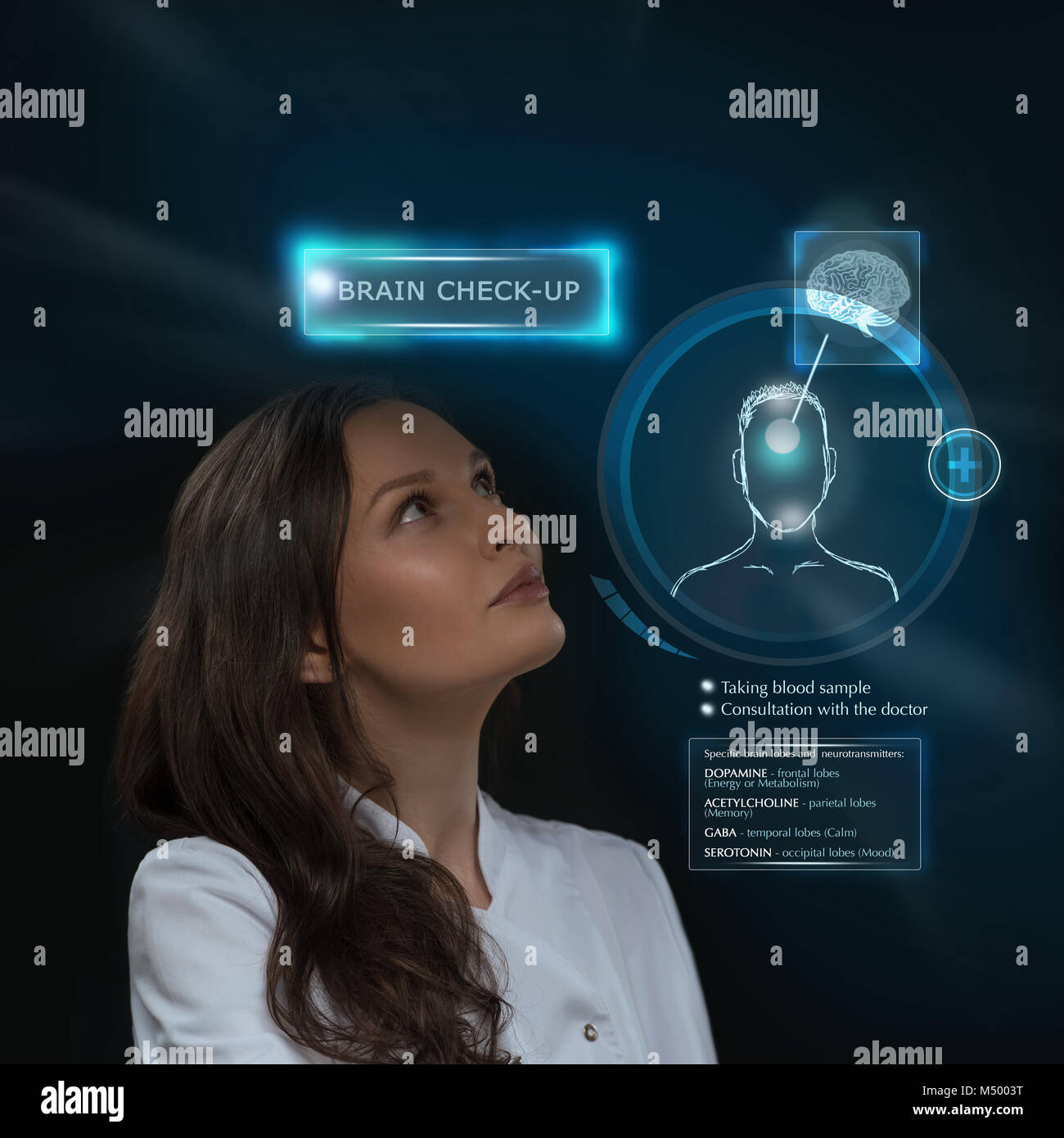 Female doctor doing checkup of human brain using futuristic computer ...
