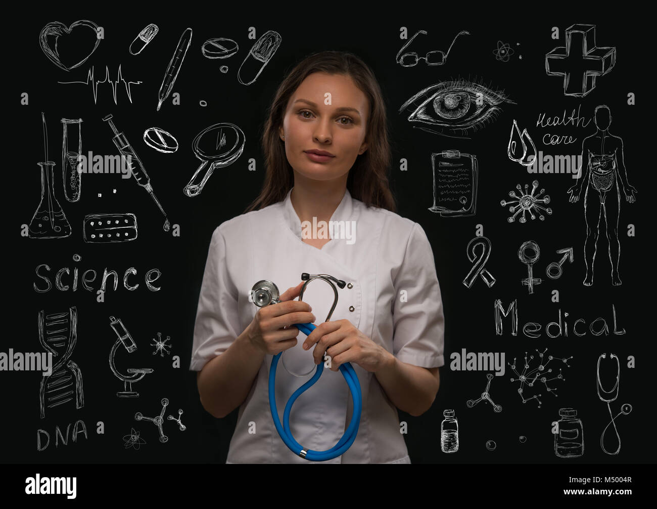 Medicine doctor with many medical symbols around as medical concept ...
