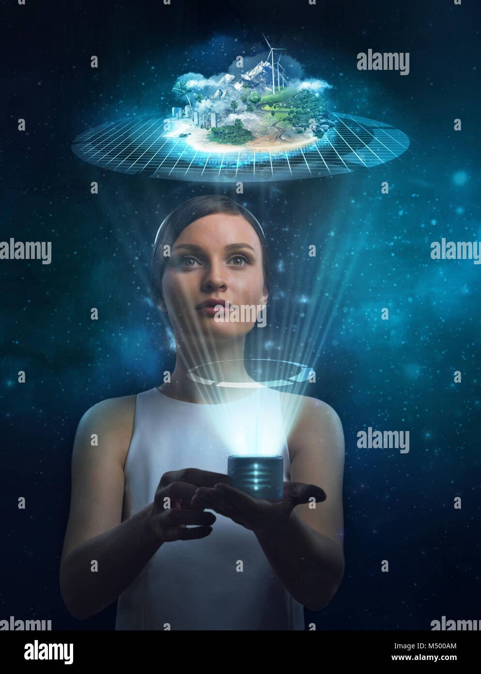 Engineer working with holographic media image of city. New technologies ...