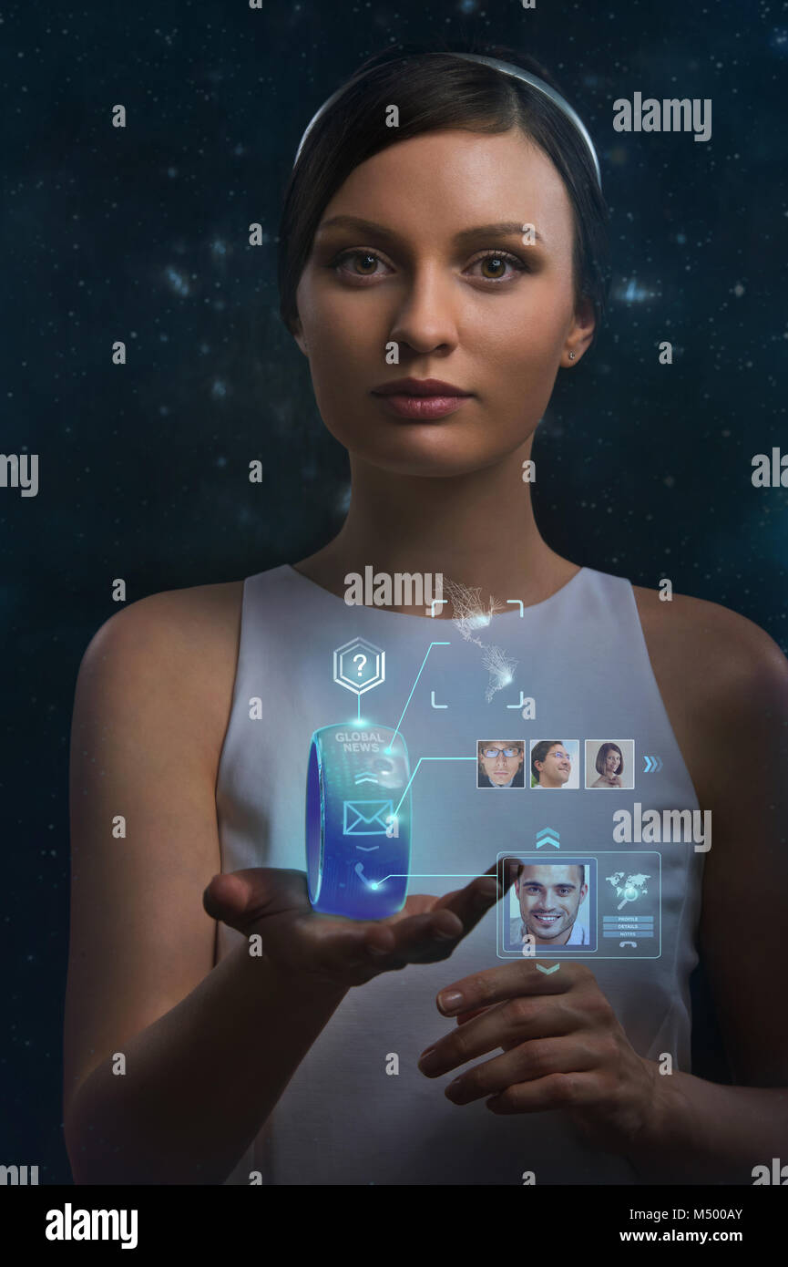 Woman holding wearable gadget. New technologies. Wireless tools. Future communications and ...