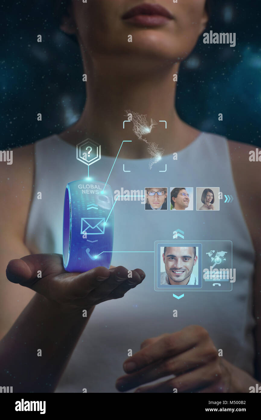 Unrecognizable woman holding wearable gadget. New technologies ...