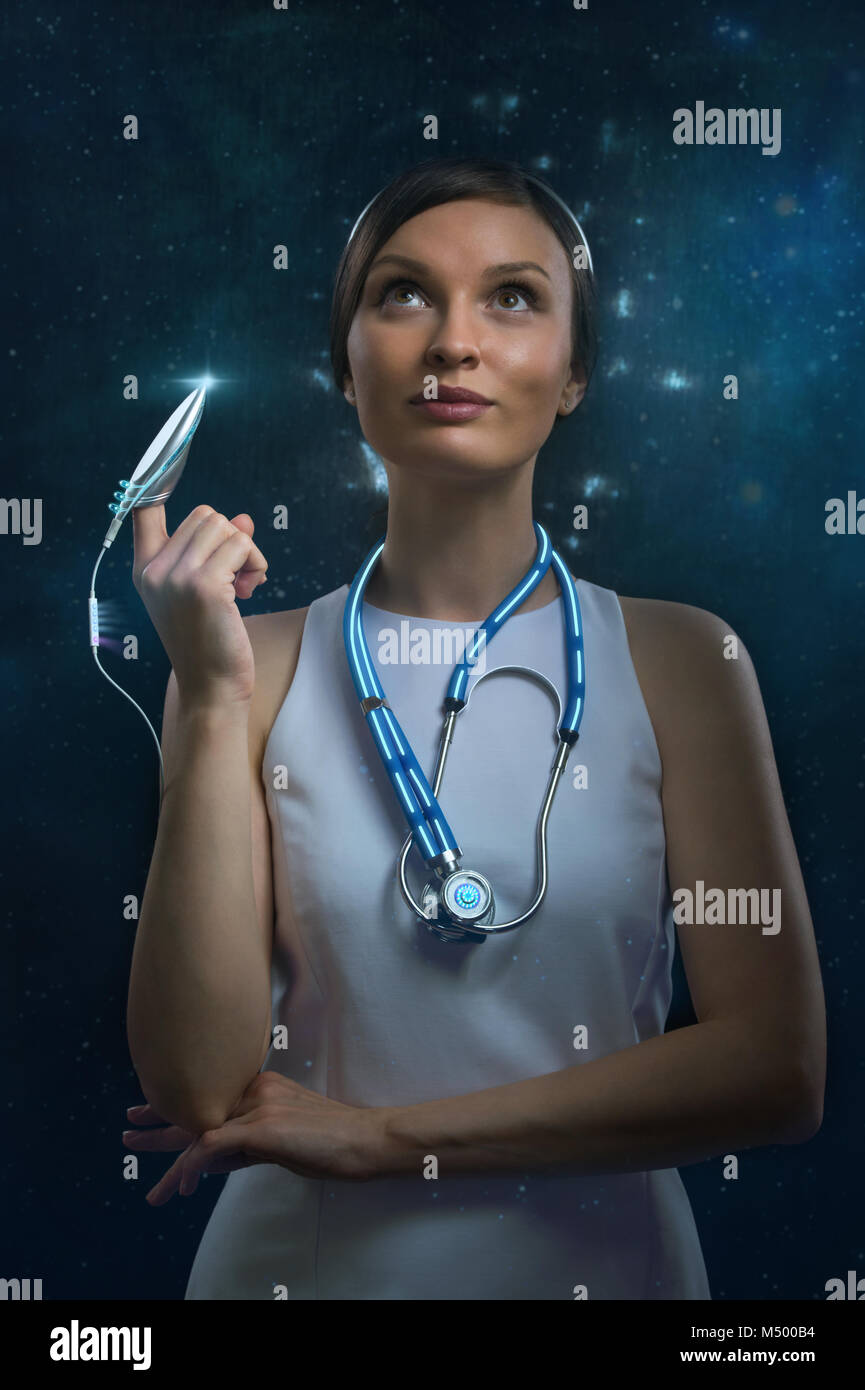 People of the future. Pretty woman against cosmic background Stock ...