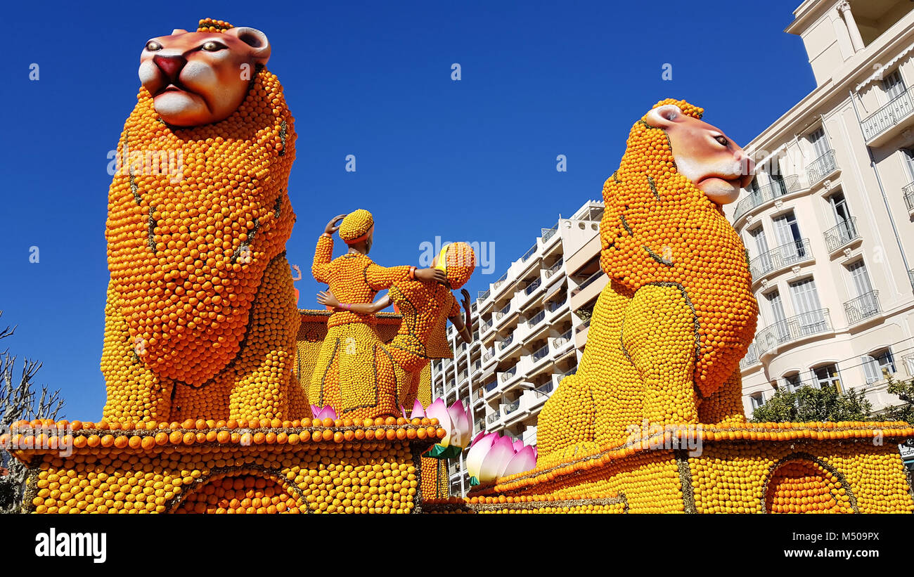 MENTON, FRANCE - FEBRUARY 18, 2018: Art made of lemons and oranges in ...