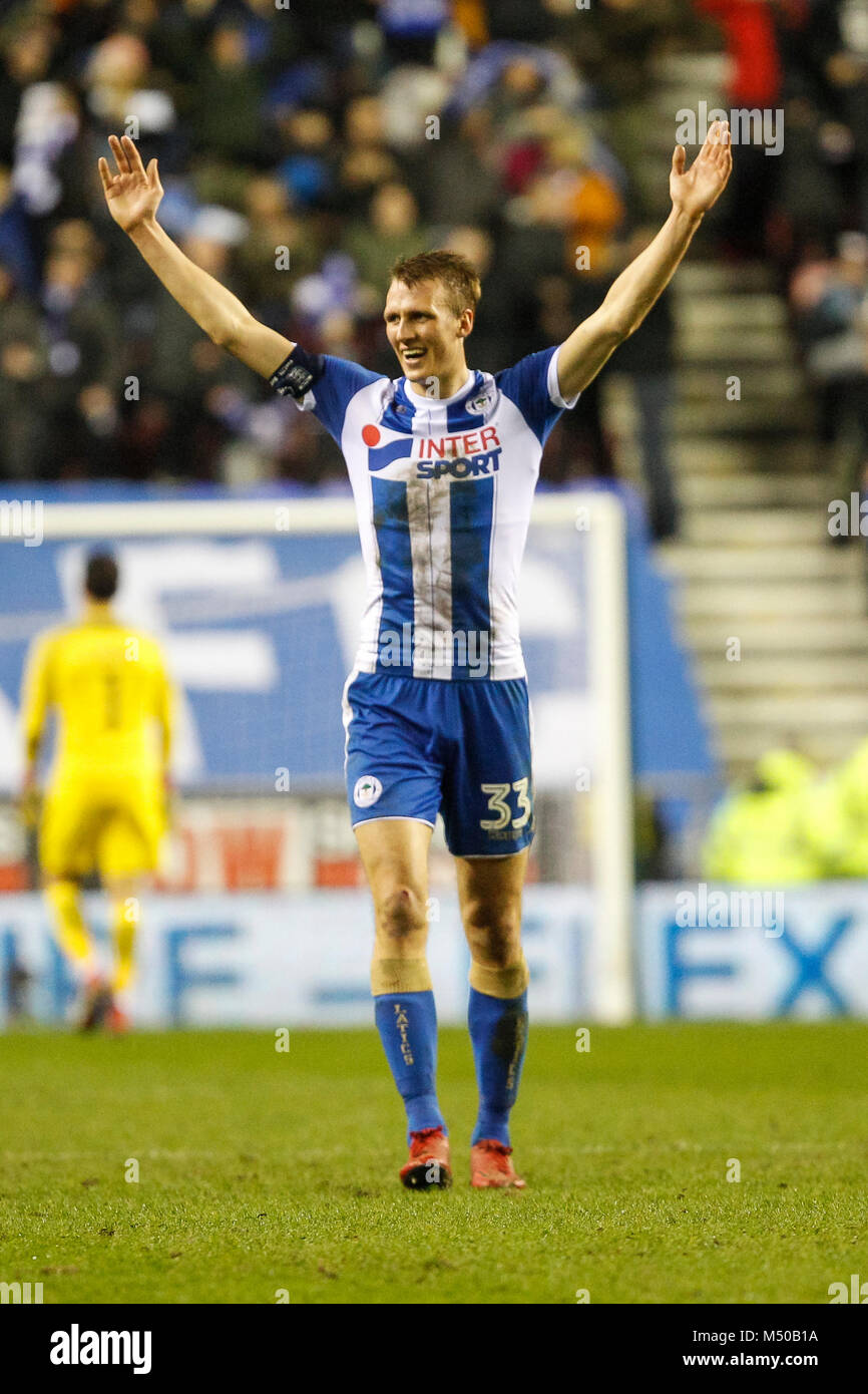 Dan Burn of Wigan Athletic celebrates at full time of the FA Cup Fifth ...